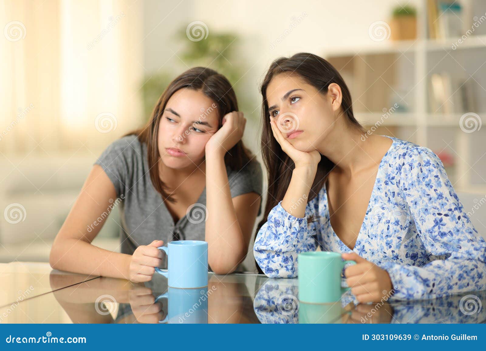 Two Bored Friends Drinking Coffee at Home Stock Image - Image of family ...