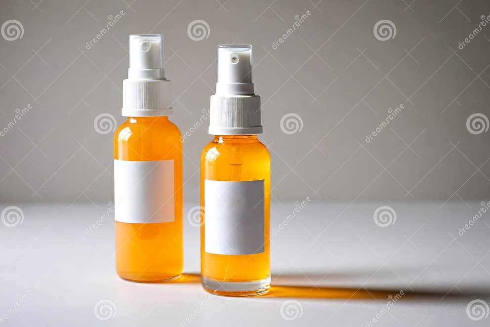 Two Bottles of Liquid with White Labels Sit on a Table Stock Photo ...