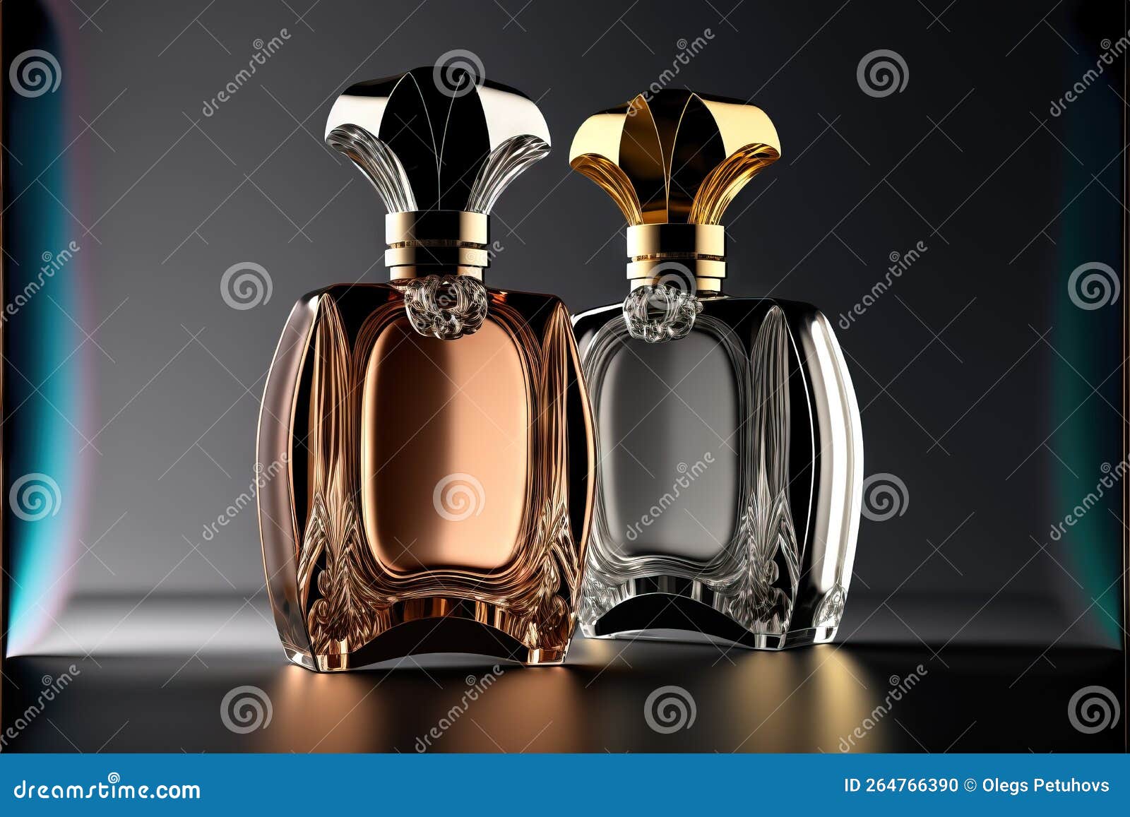 Two Bottles of Perfume Sitting Side by Side on a Table with a Black ...