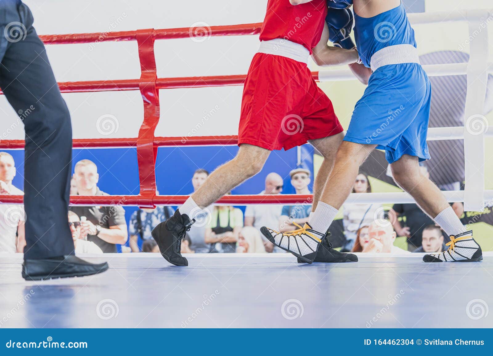Boxing in the Ring. on the Foreground Boxers Legs. Horizontal Image ...