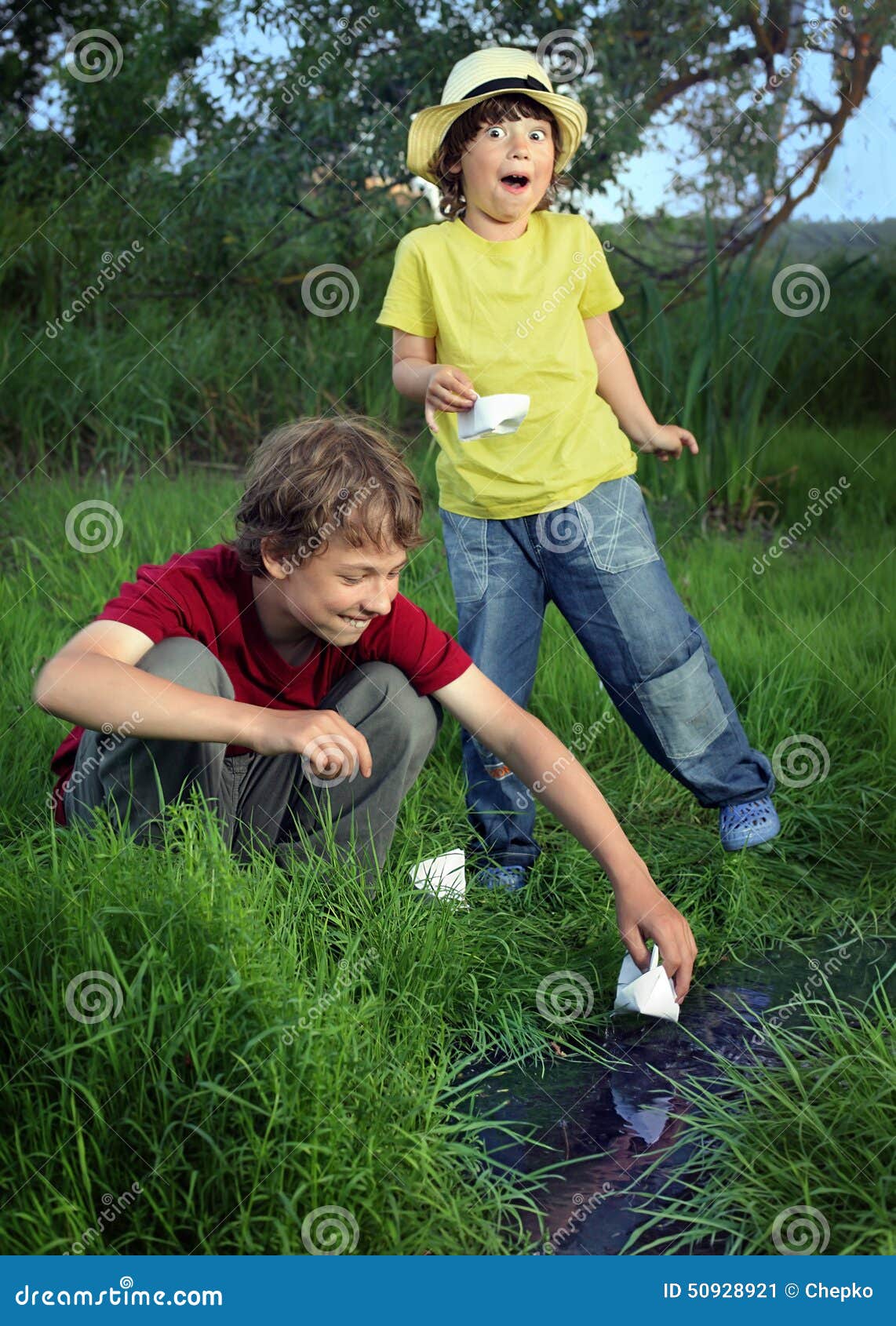 Two boy play in stream stock image. Image of ideas, lifestyles - 50928921