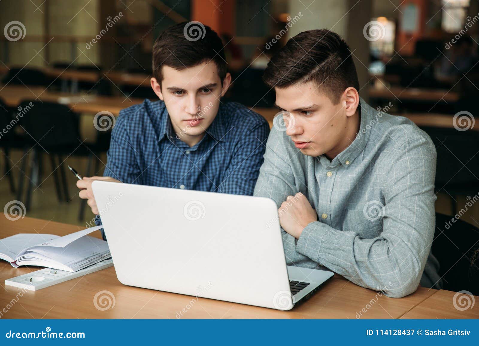 Two Boy Student Use Laptop in Library Stock Image - Image of notes ...