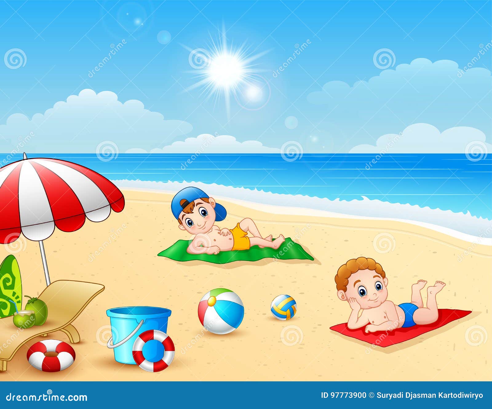 Two Boy Sunbathing on the Beach Mat Stock Vector - Illustration of ...
