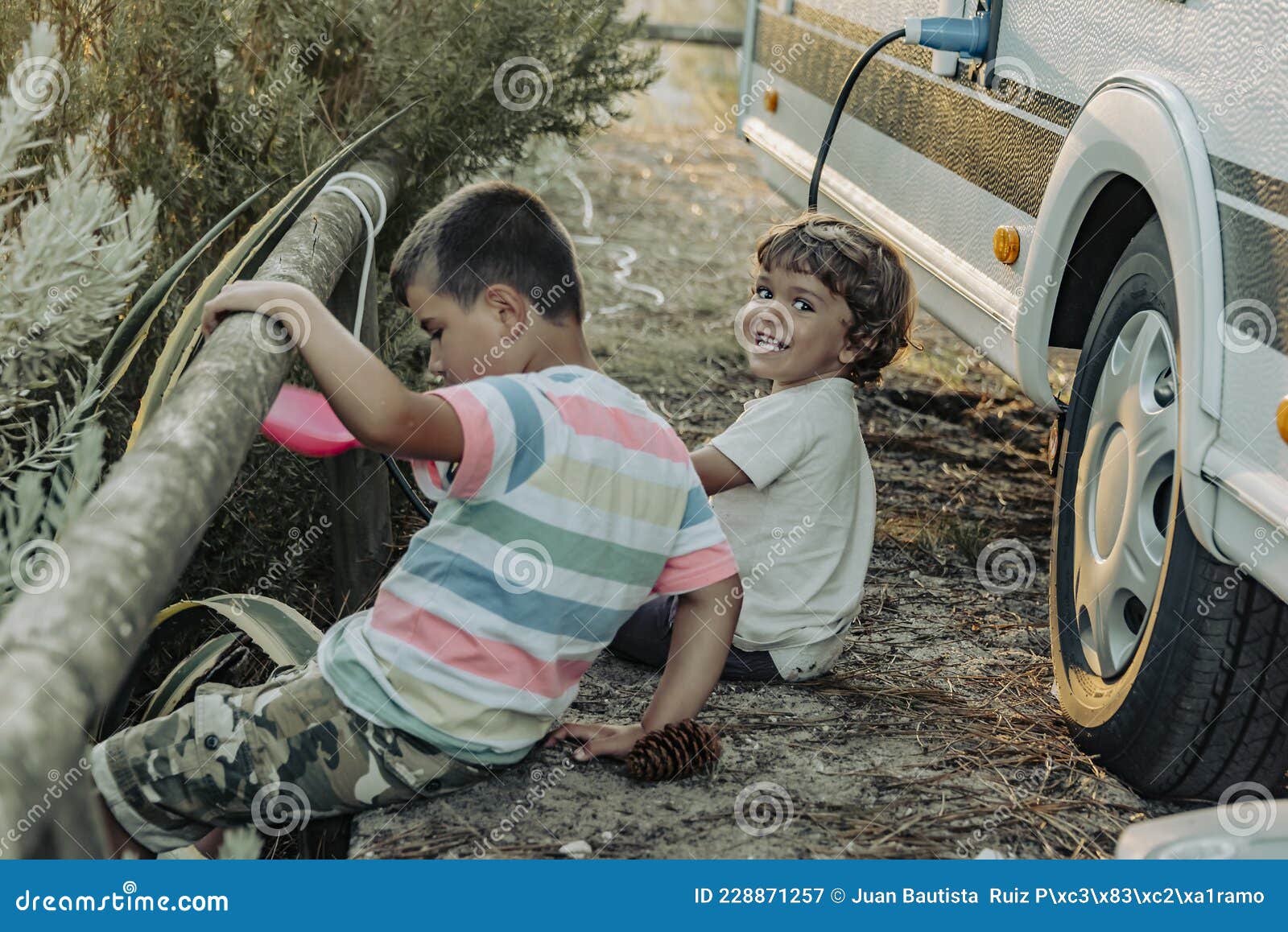 Two Boys in a Caravan Playing in the Nature Stock Image - Image of ...
