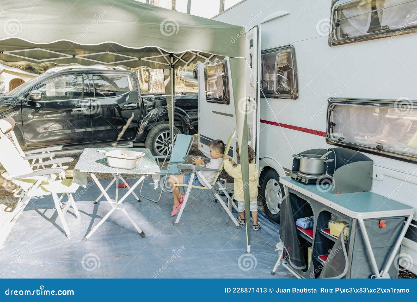 Two Boys in a Caravan Playing in the Nature Stock Image - Image of ...