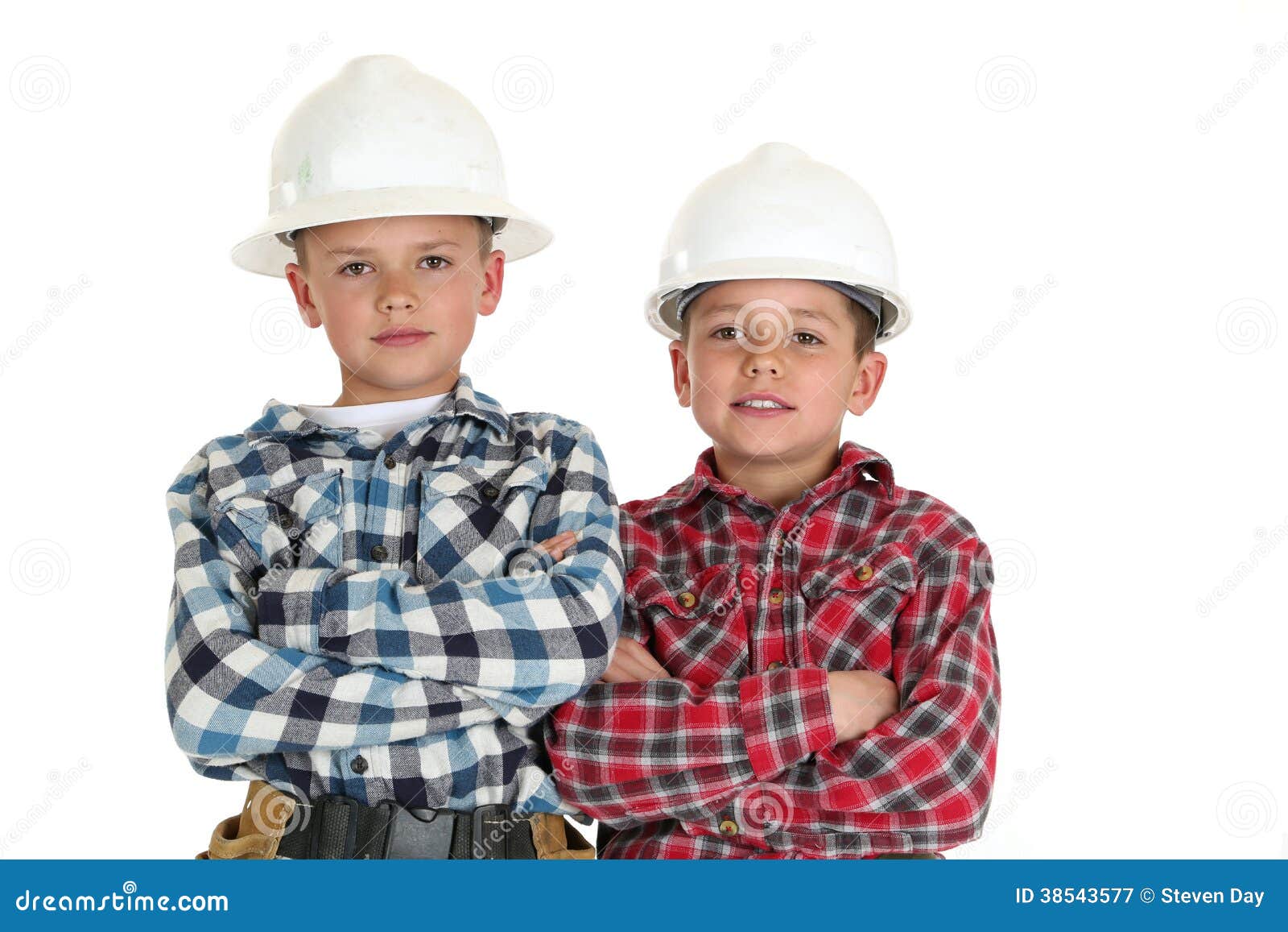 Two Boys in Construction Hard Hats Arms Folded Stock Image - Image of ...