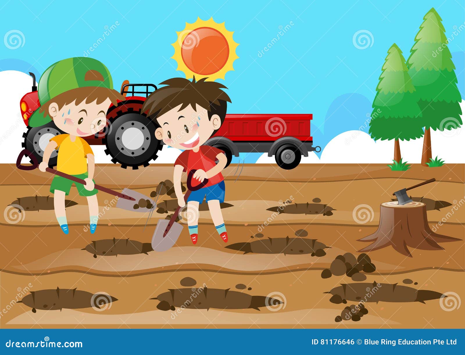 Two Boys Digging Hole In Garden Vector Illustration | CartoonDealer.com ...