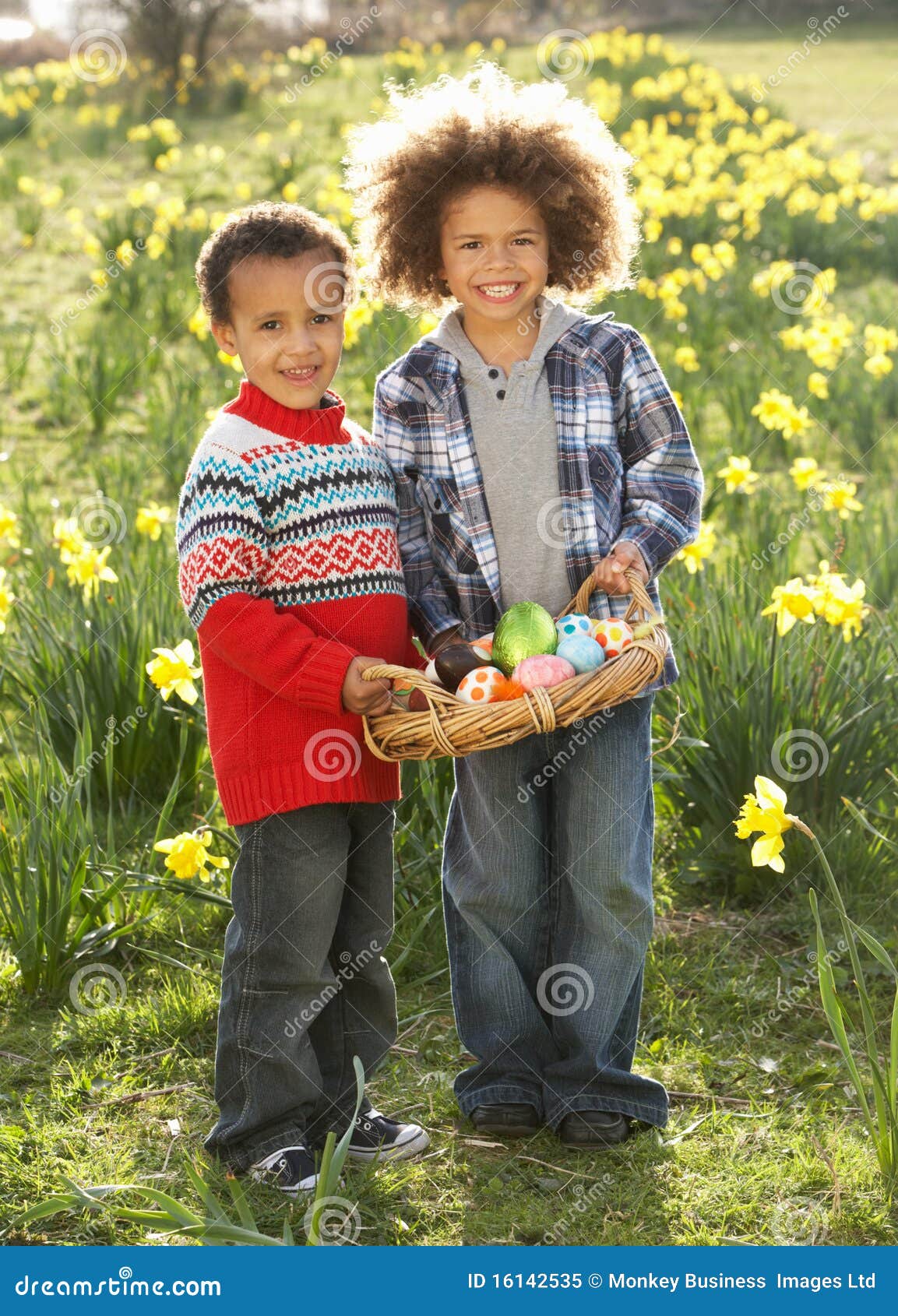 Two Boys Having Easter Egg Hunt in Daffodil Field Stock Image - Image ...