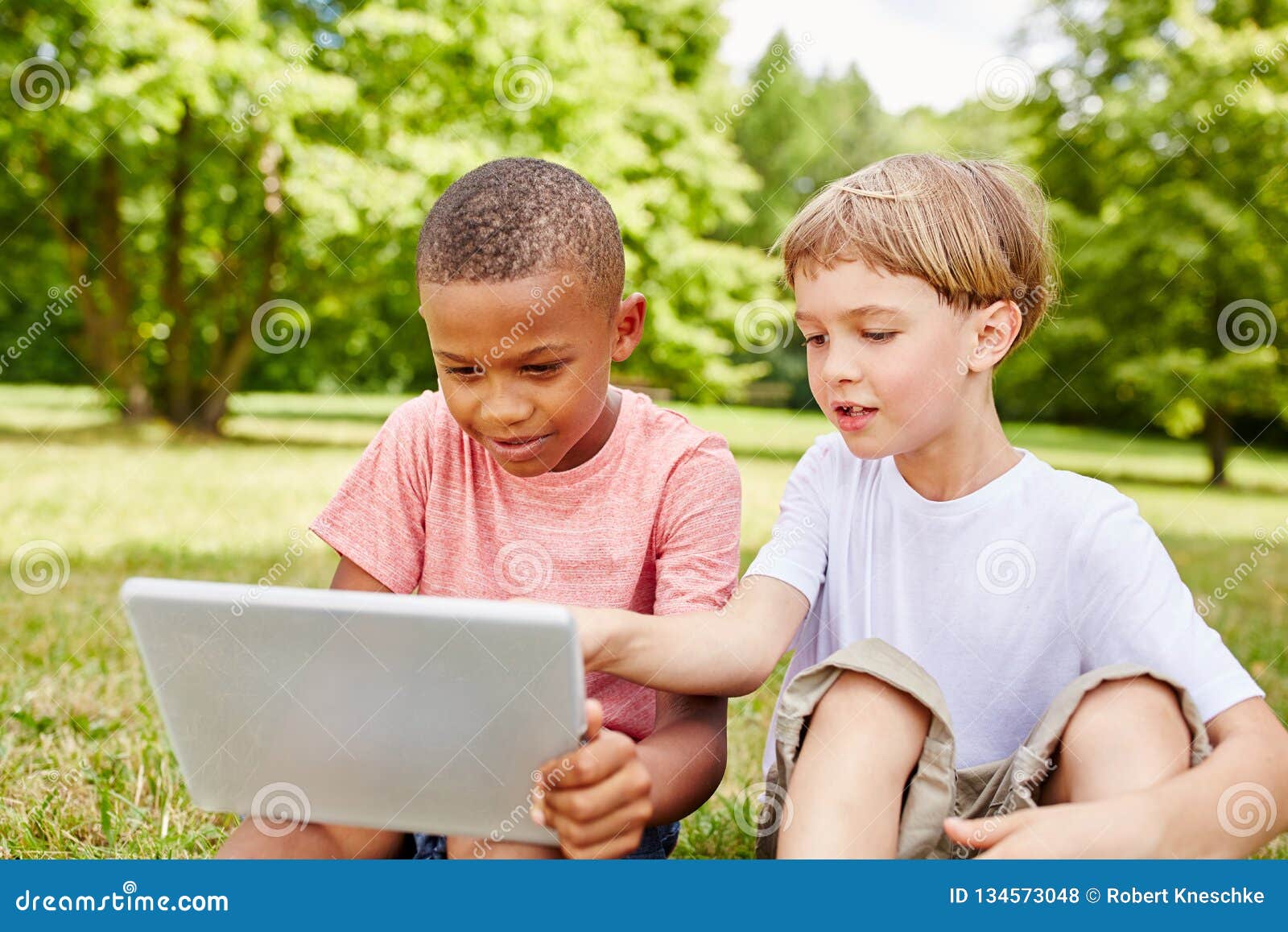 Two Boys with Laptop Learning Stock Photo - Image of friends, people ...