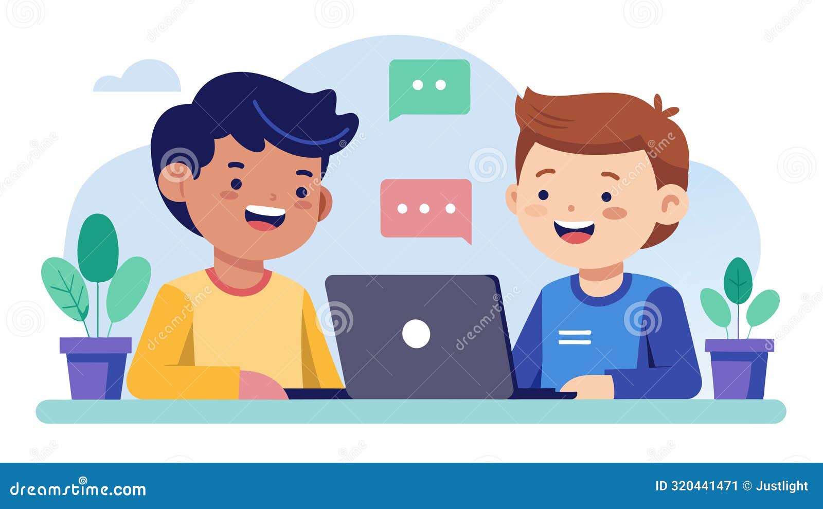Two Boys Laugh Together As they Work on a Coding Project Collaborating ...