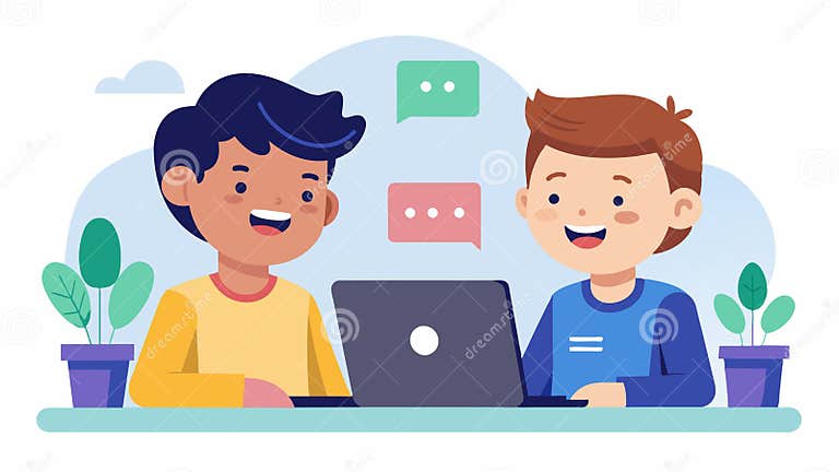 Two Boys Laugh Together As they Work on a Coding Project Collaborating ...