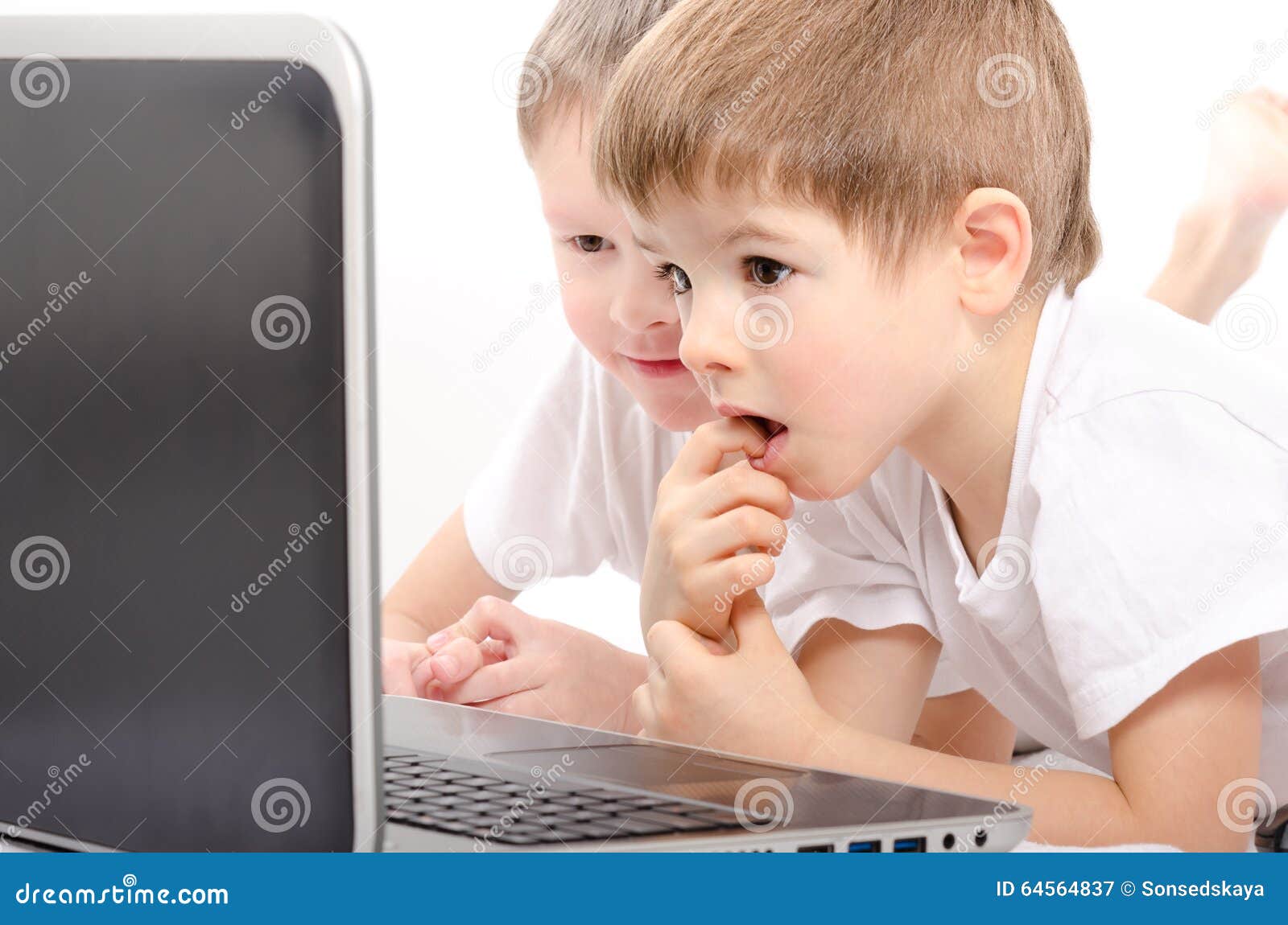 Two Boys Looking on Laptop Screen Stock Image - Image of employment ...