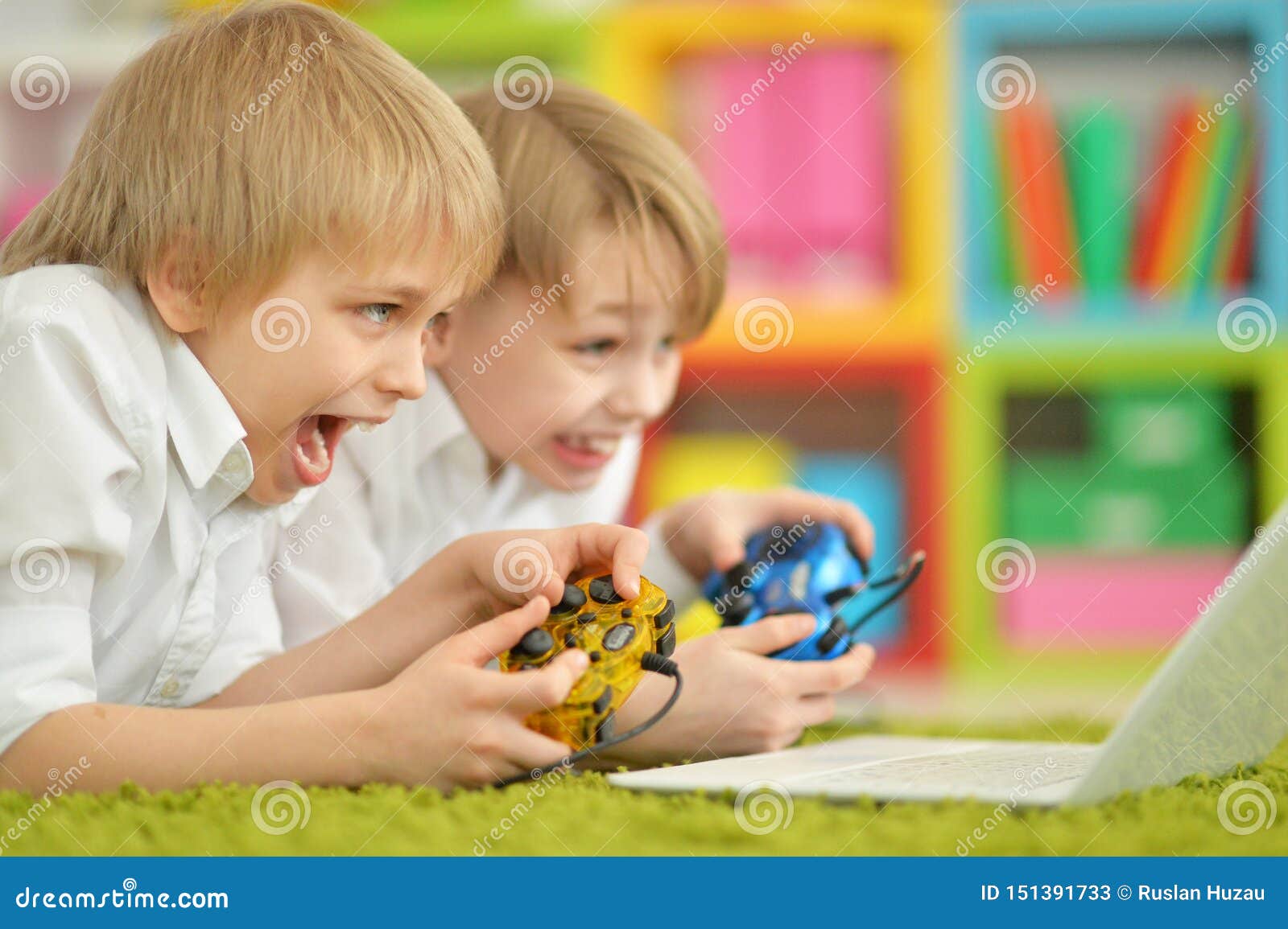 Portrait of Two Boys Playing Computer Games Stock Image - Image of ...
