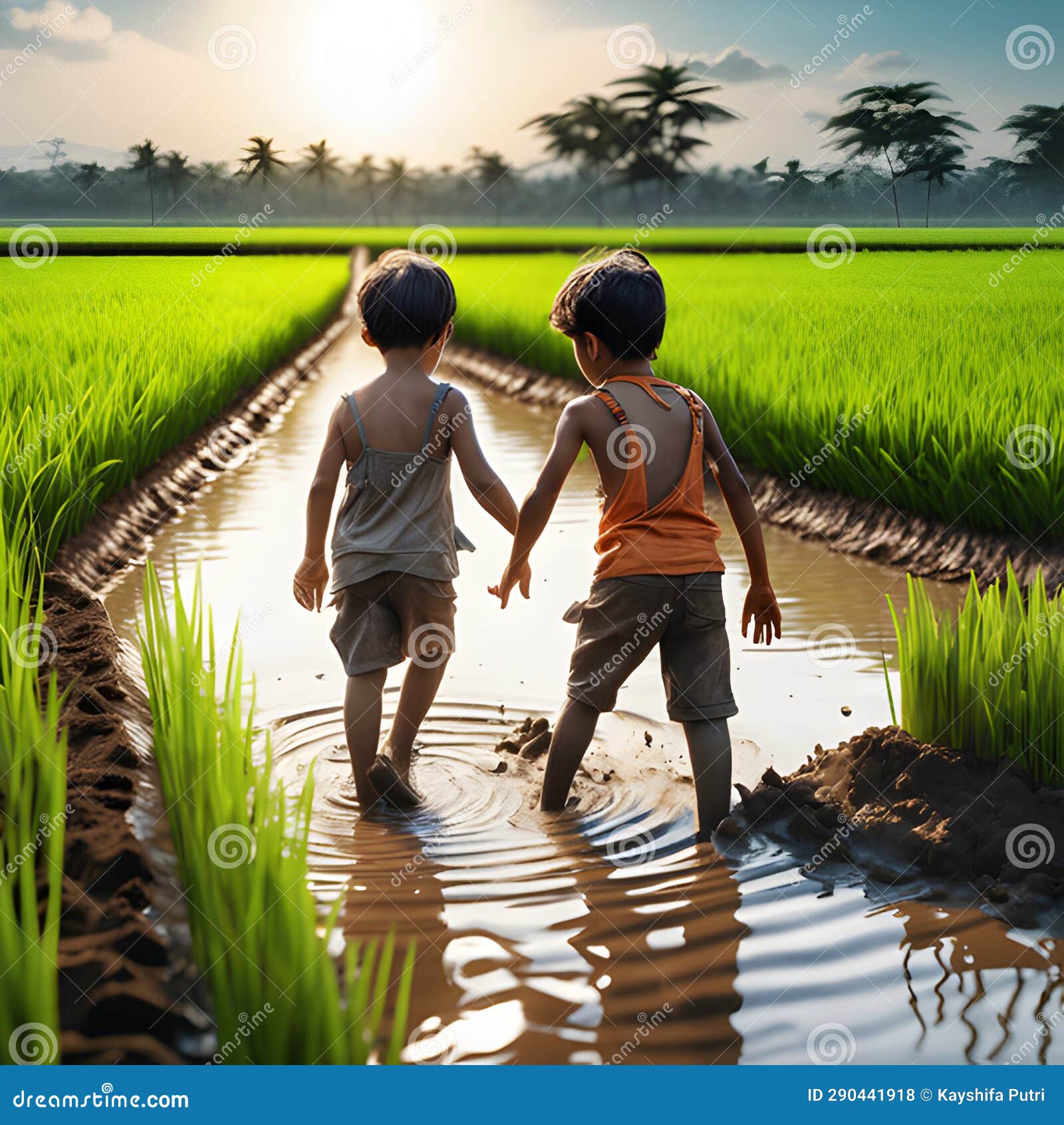 Two Boys Playing in the Mud in a Rice Field Stock Illustration ...