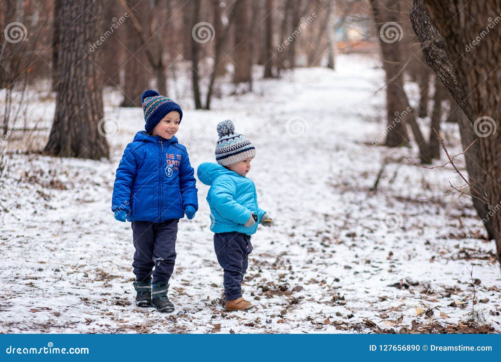 Two Boys are Playing in a Winter Forest Stock Photo - Image of brother ...