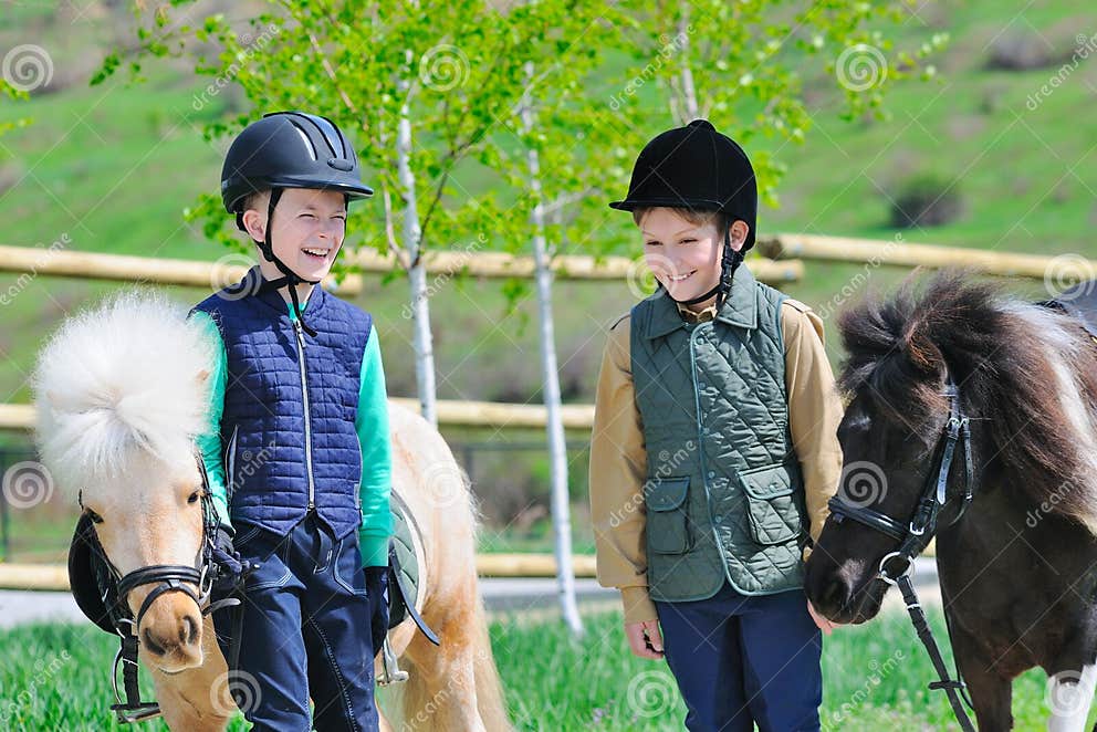 Two boys with ponies stock photo. Image of chestnut, outdoor - 28642240