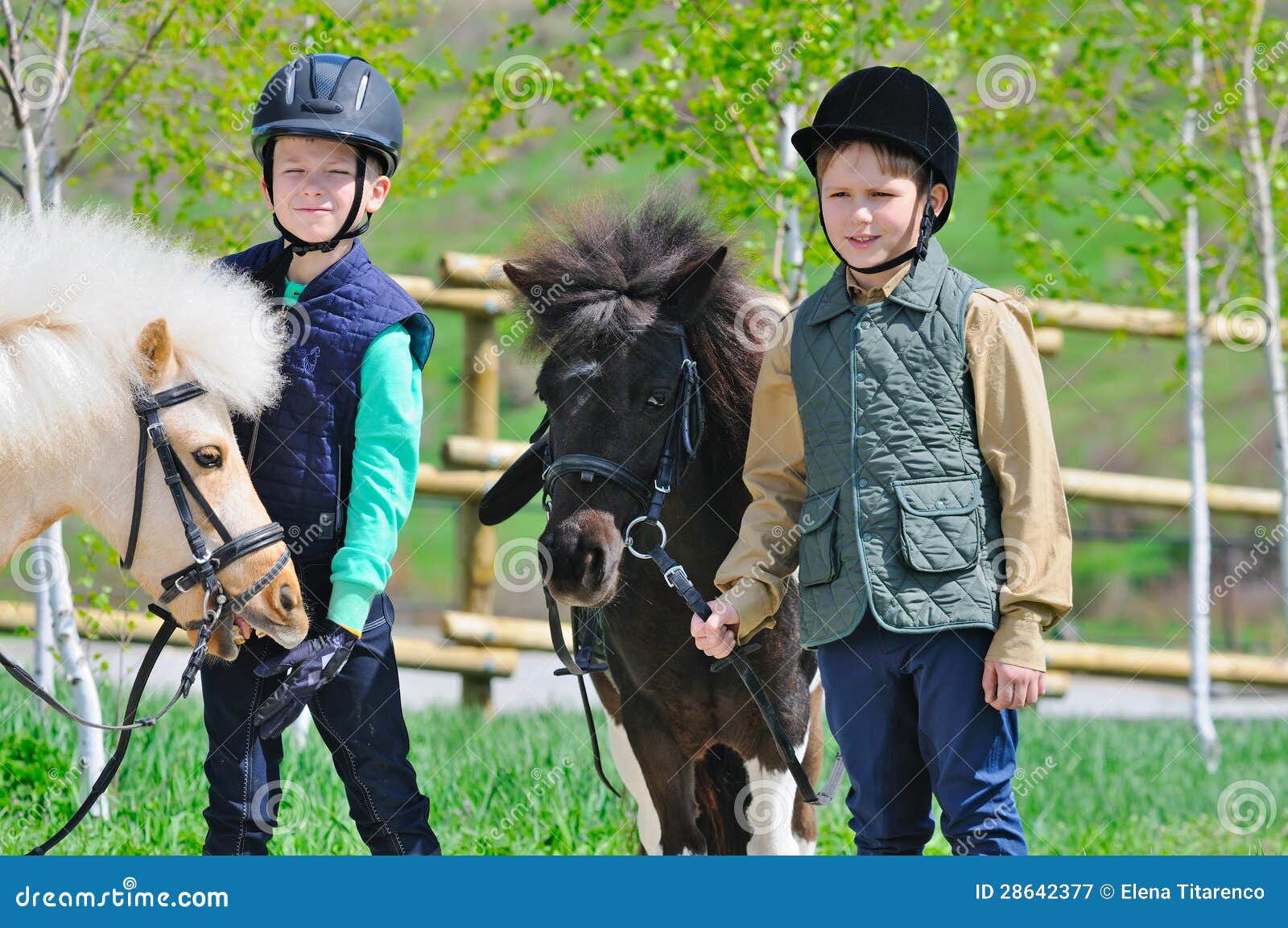 Two boys with ponies stock image. Image of activity, girl - 28642377
