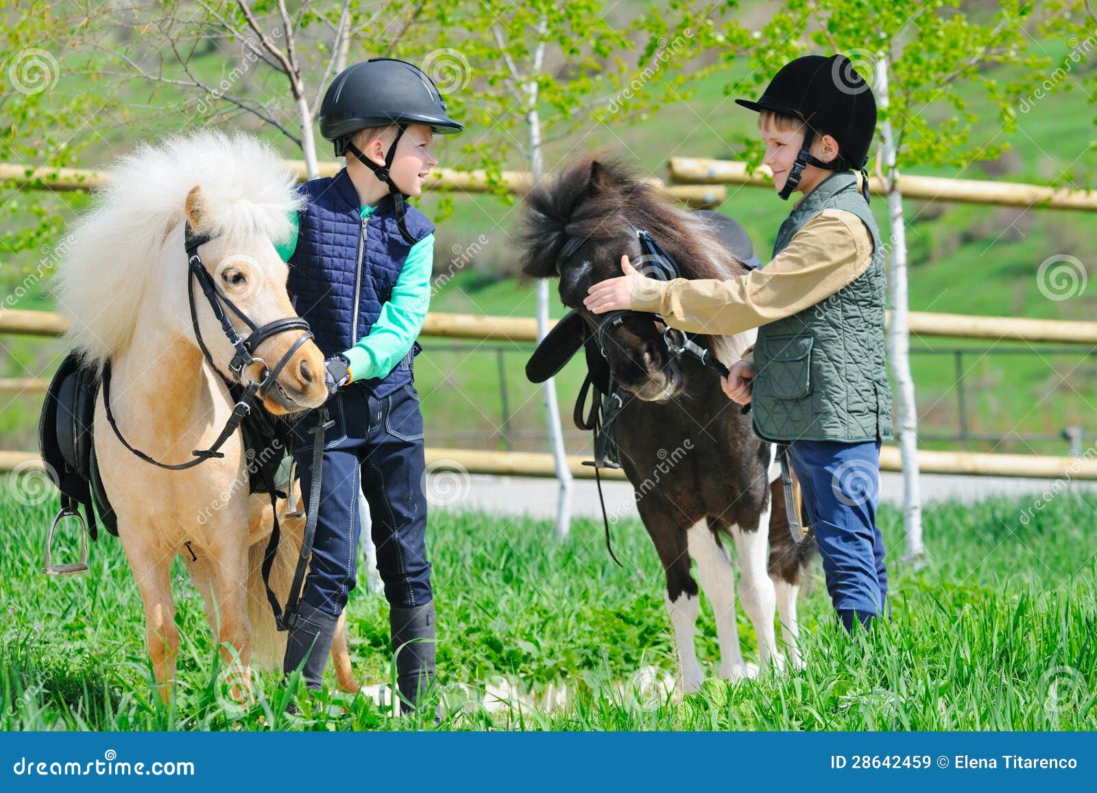 Two boys with ponies stock image. Image of female, horseriders - 28642459