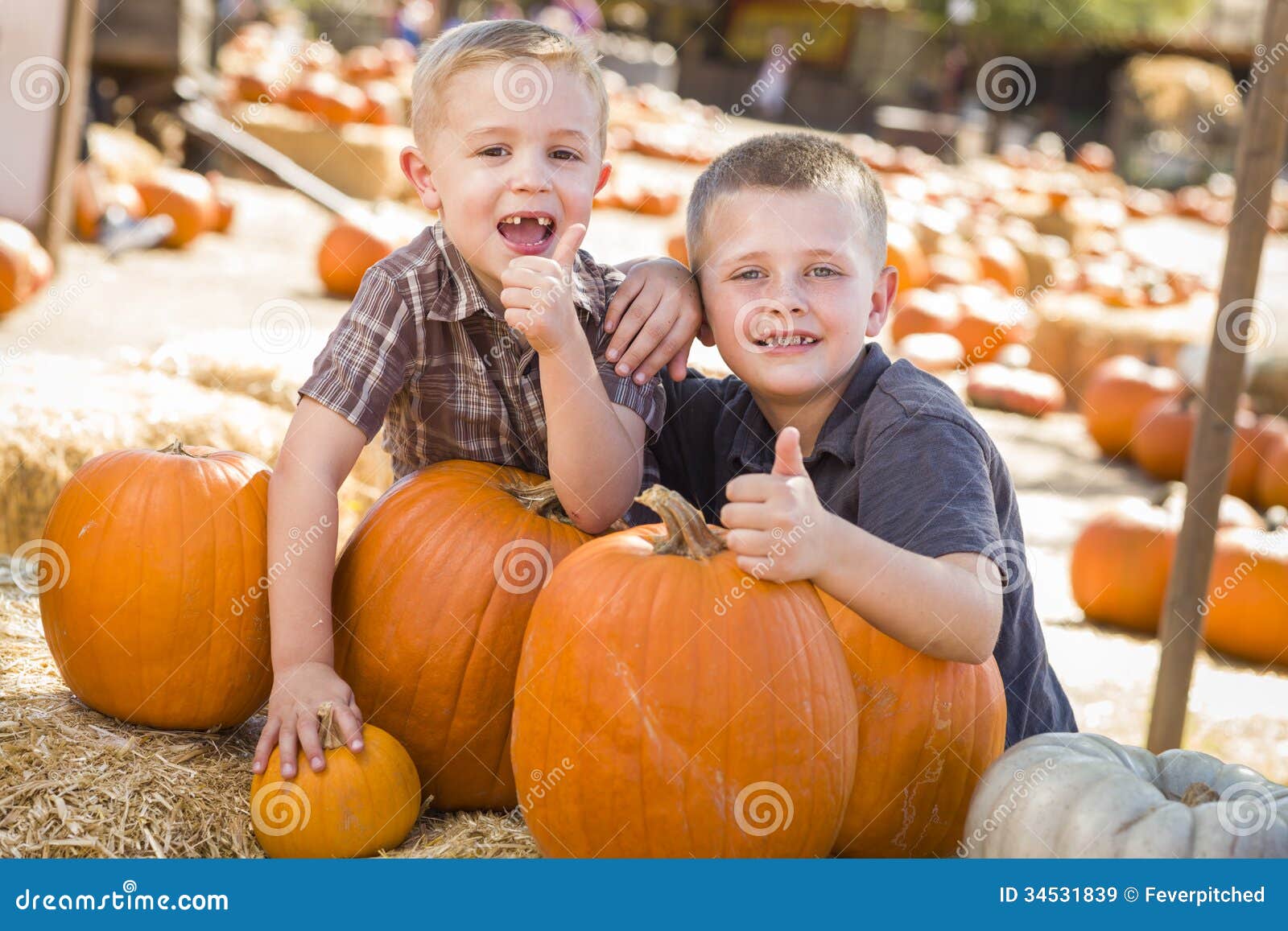Two Boys at the Pumpkin Patch with Thumbs Up Stock Image - Image of ...