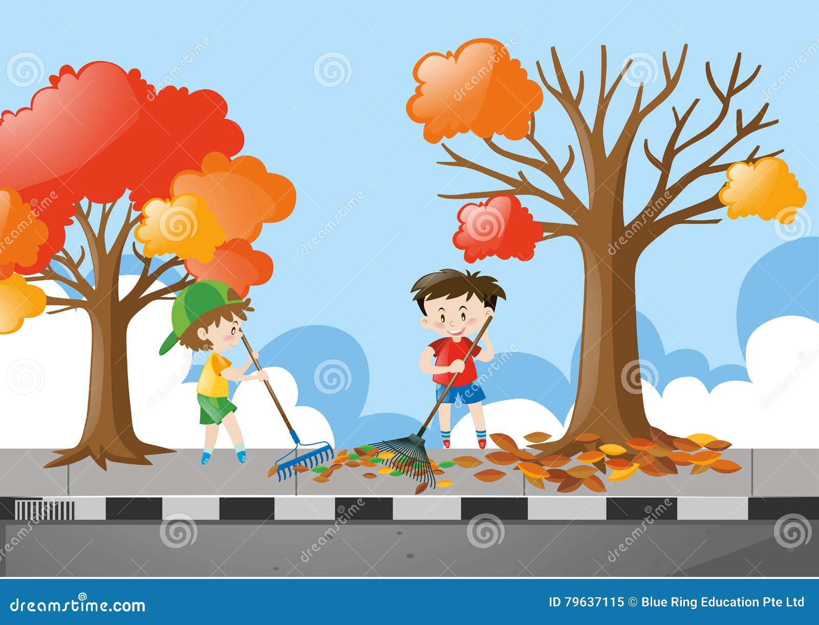 Two Boys Raking Leaves In Forest Cartoon Vector | CartoonDealer.com ...