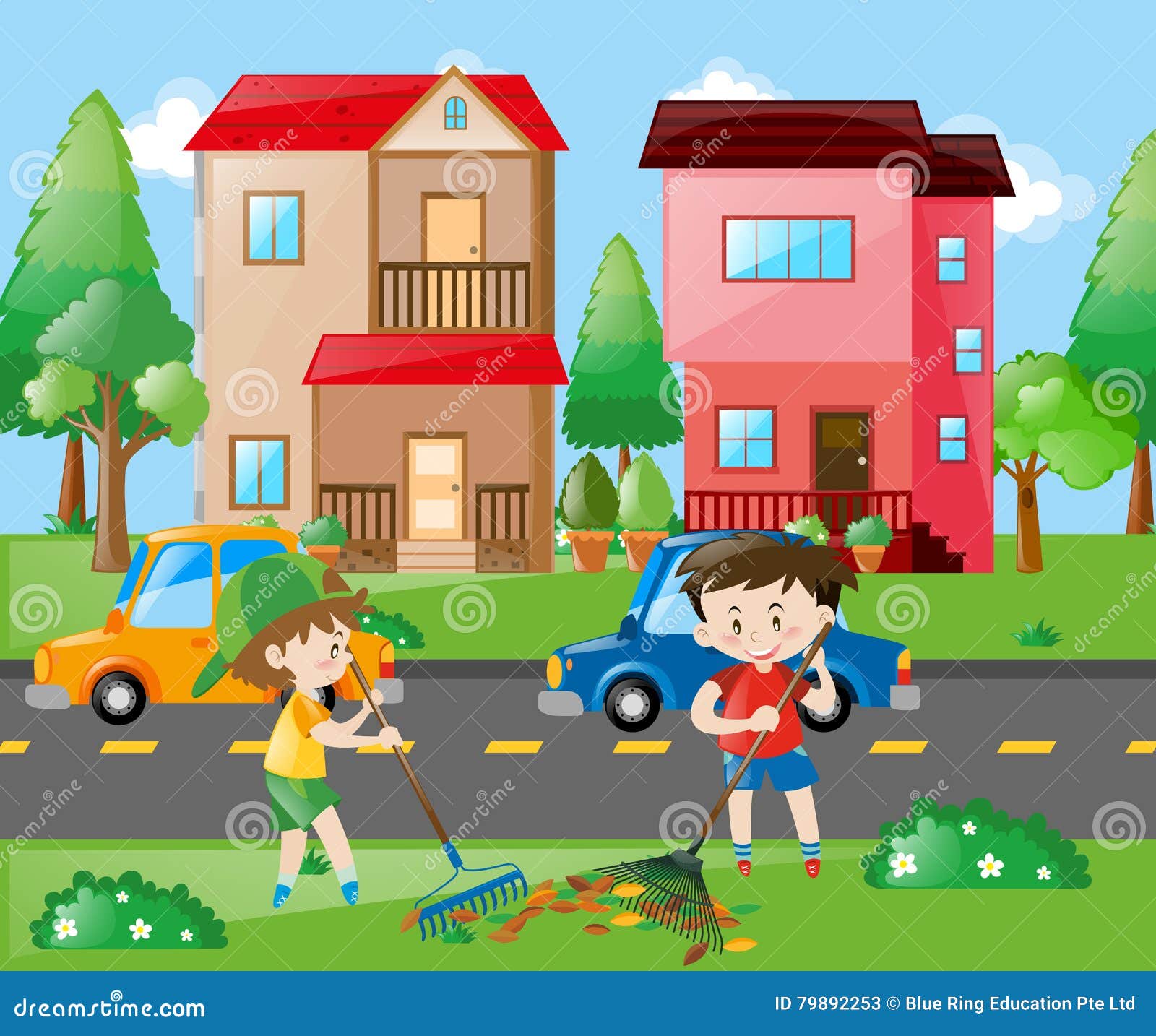 Two Boys Raking Leaves in the Yard Stock Vector - Illustration of cute ...