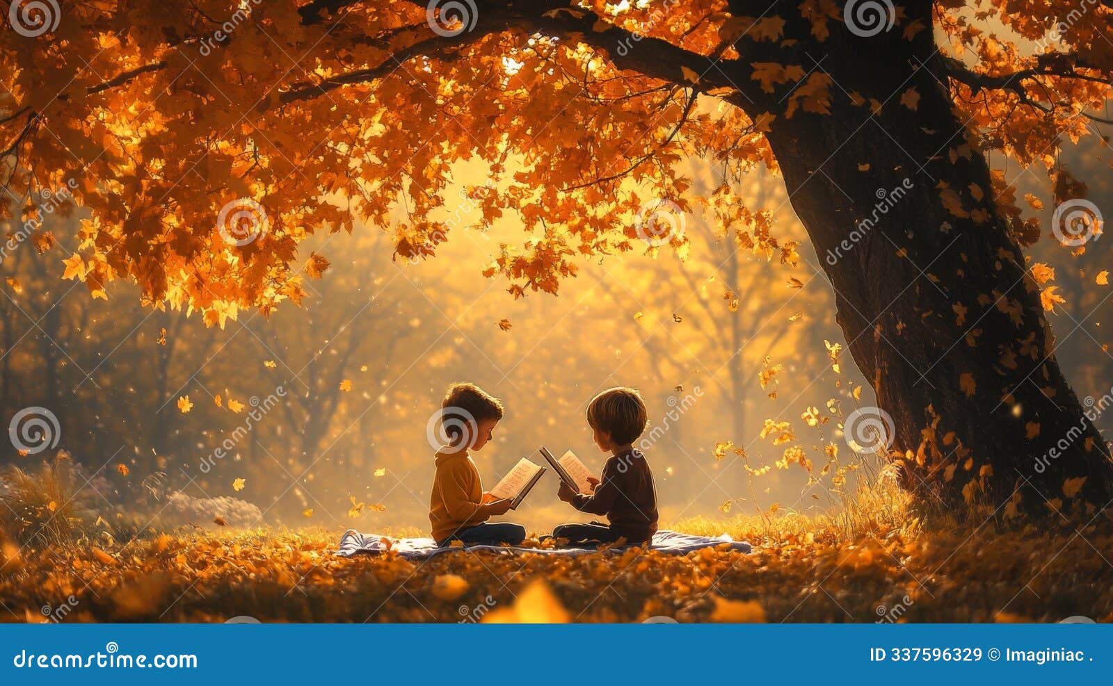 Two Boys Reading Under an Autumn Tree with Falling Leaves Stock ...