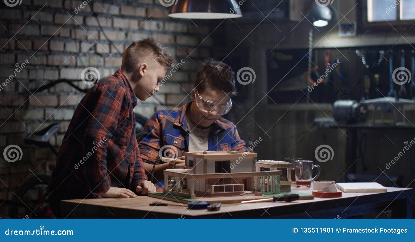 Two Boys Repairing a Model House Stock Image - Image of caucasian ...