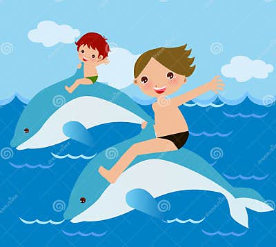 Two boys rides dolphin stock vector. Illustration of cartoon - 12024186
