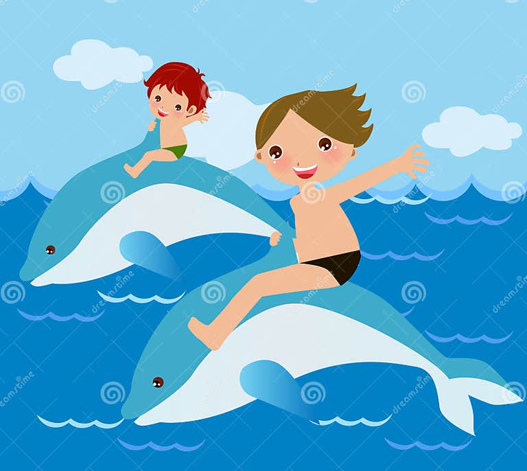 Two boys rides dolphin stock vector. Illustration of cartoon - 12024186