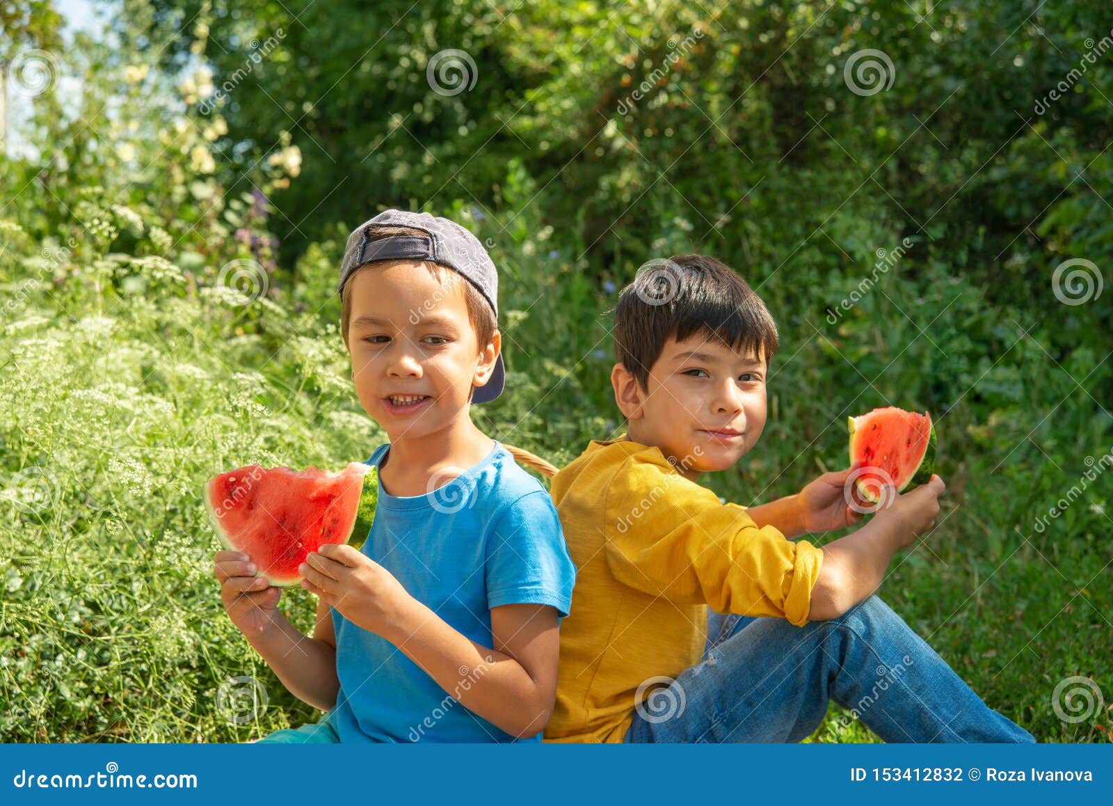 Two Boys Sit on the Grass at a Picnic and Eat Watermelon Stock Photo ...