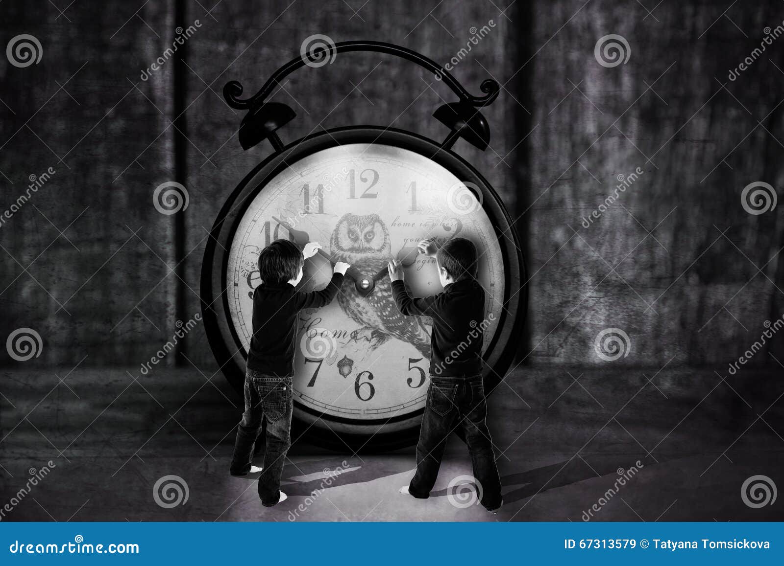 Two Boys, Trying To Pull Clocks Hand Backwards, Creative Concept Stock ...