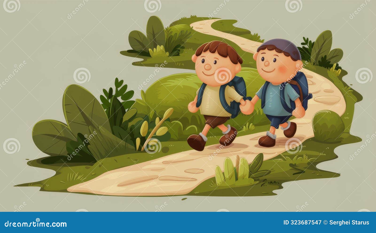 Two Boys Walking Down a Path with Backpacks and Hiking Gear, AI Stock ...