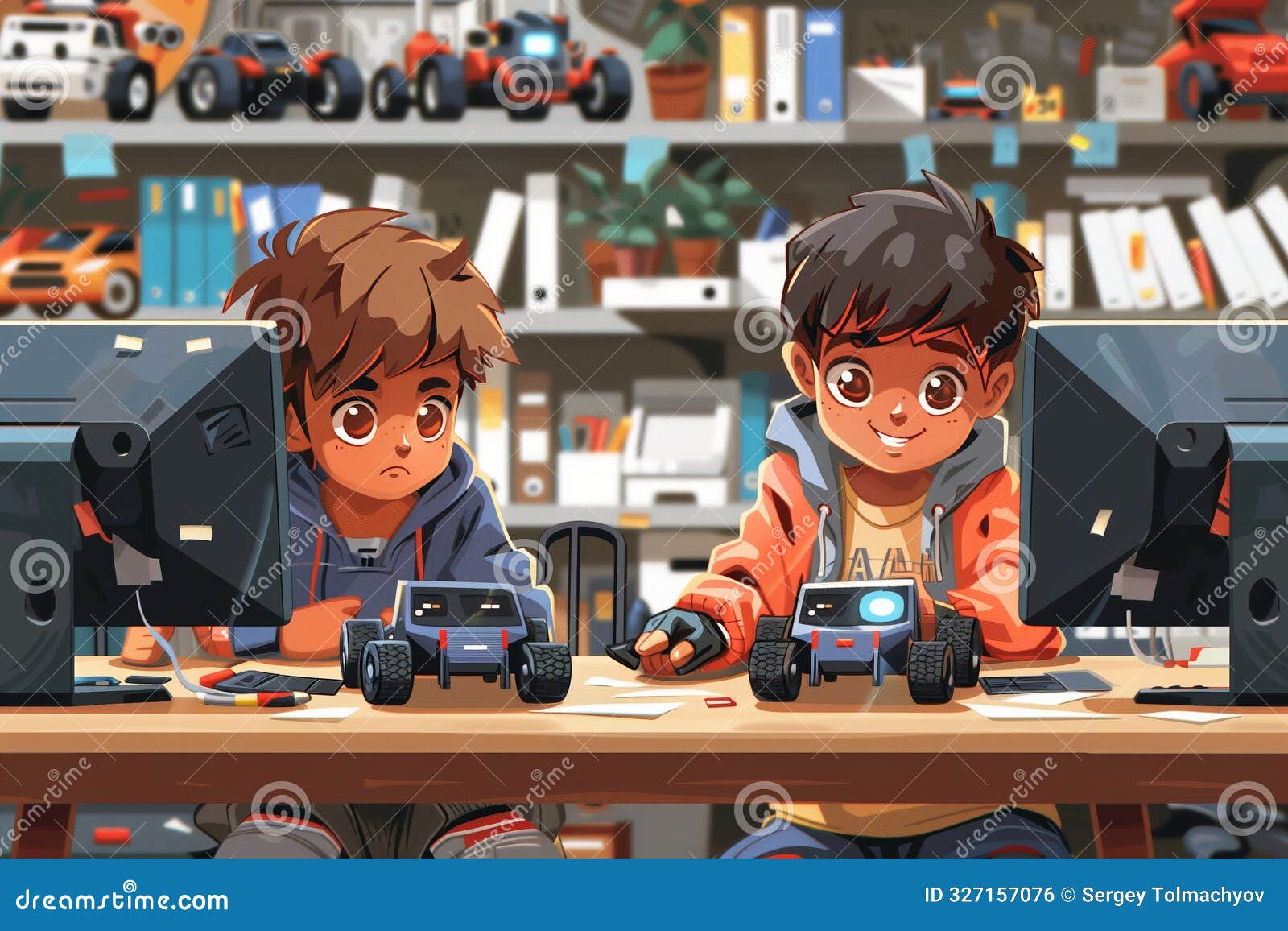 Two Boys Working on Remote Control Cars in a Workshop Stock Photo ...