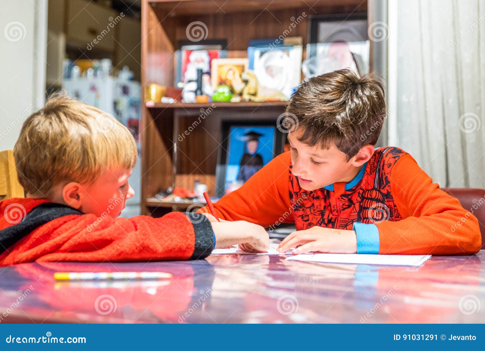 Two Boys Writing Letter To Santa Claus at Table Stock Image - Image of ...