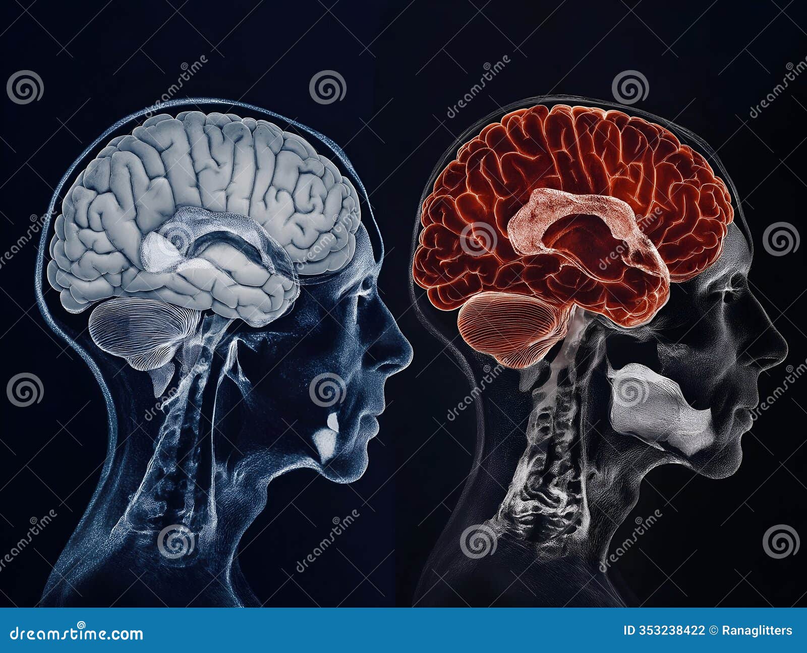 Two Brain Profiles Facing Each Other, One Highlighted in Red Stock ...