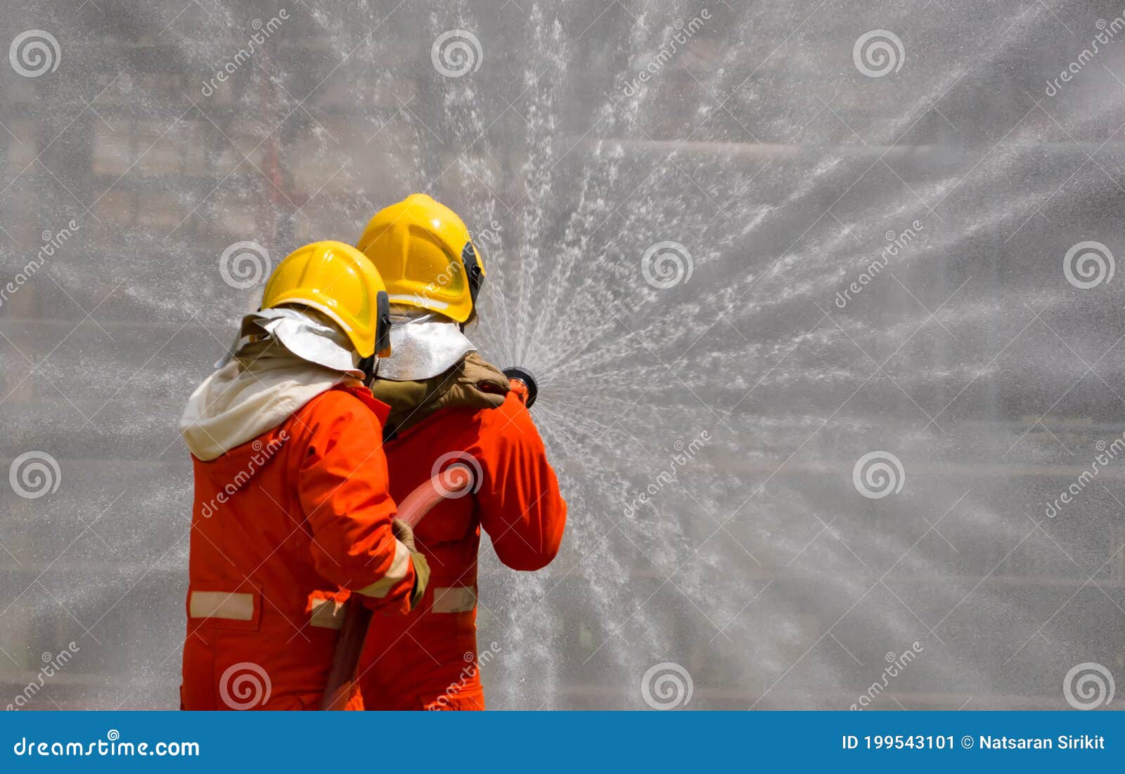 Two Brave Firefighter Using Extinguisher and Water from Hose for Fire ...
