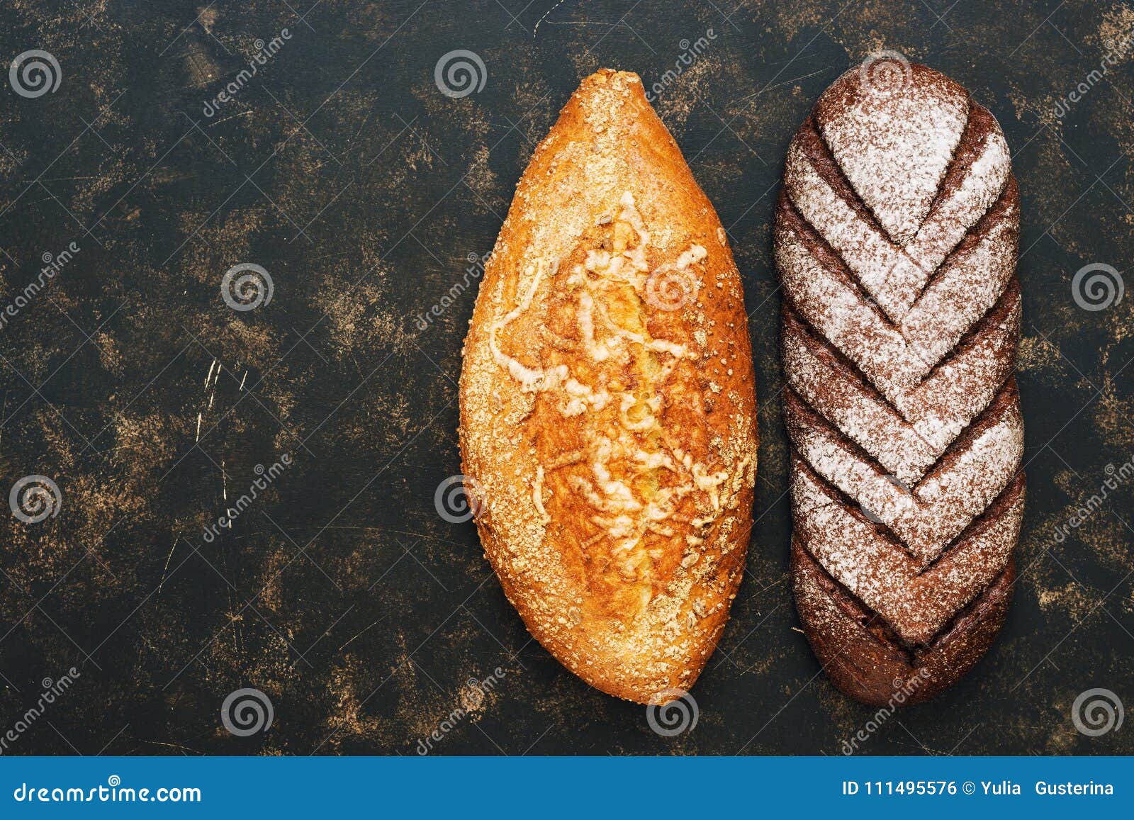 Two Breads on a Rustic Black Background, Copy Space, Top View. Stock ...