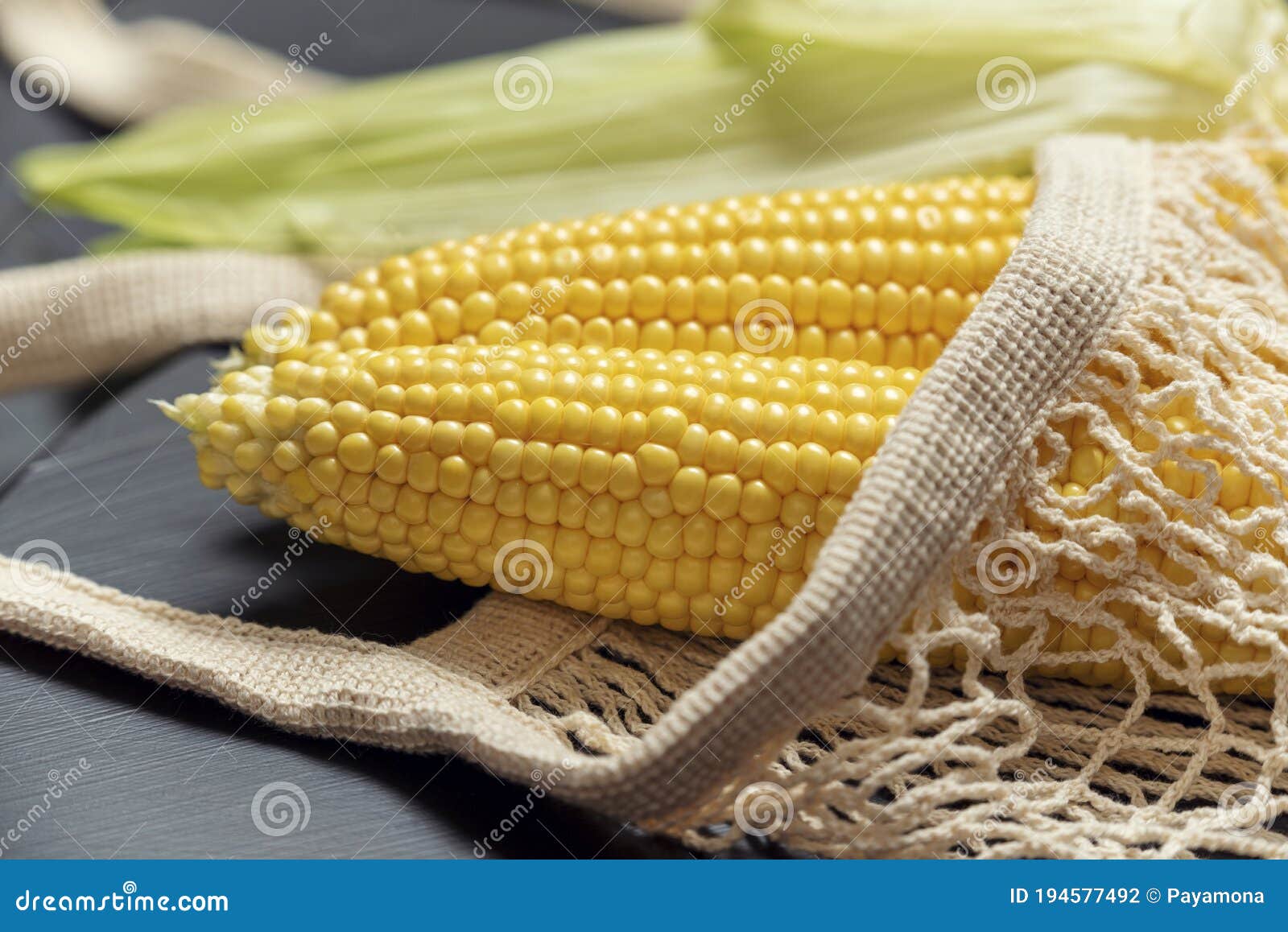 Two Bright Yellow Peeled Corn on Cob on a Black Background in White ...