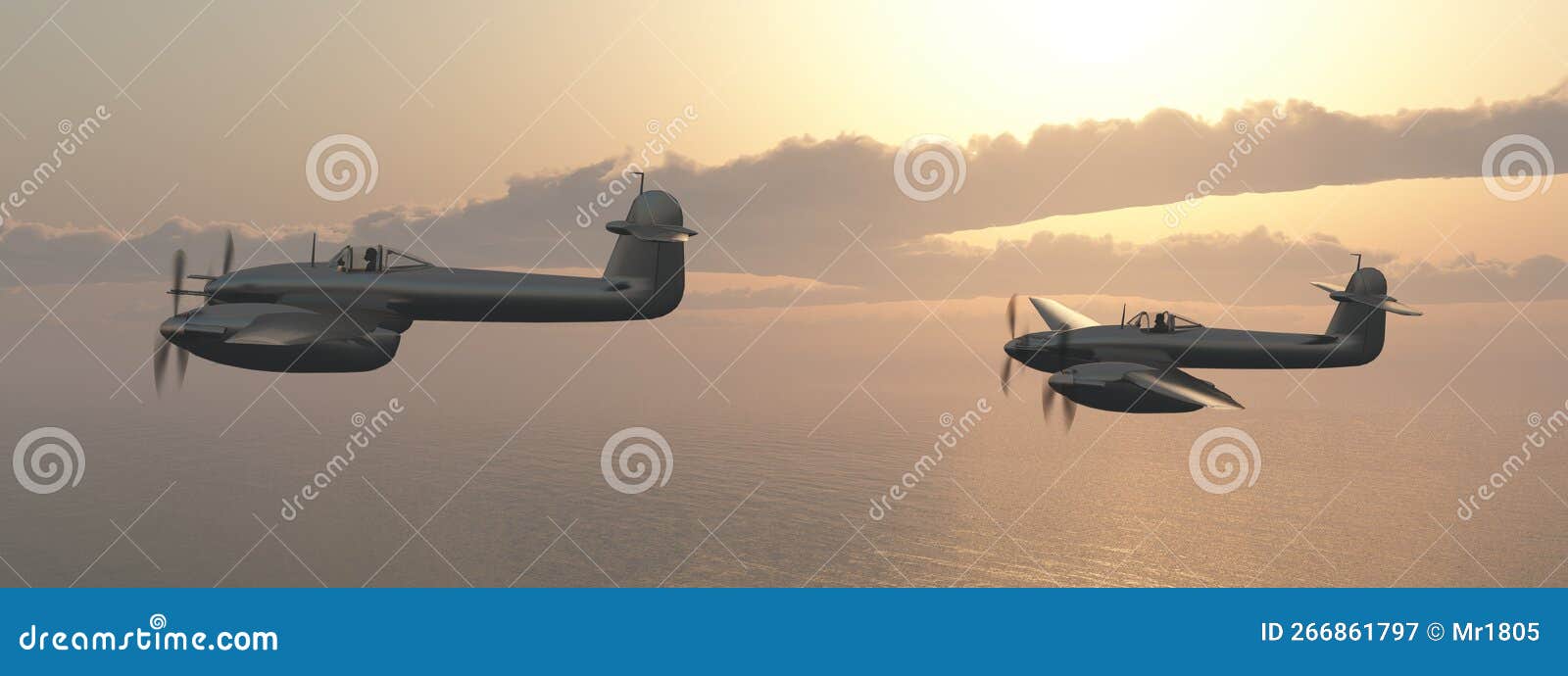 Two British Fighter Planes of World War II Over the Sea at Sunset Stock ...