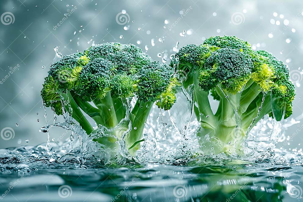 Two Broccoli Heads are Being Splashed by Water. Generative AI Stock ...