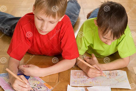 Two brothers draw stock photo. Image of home, education - 15181438