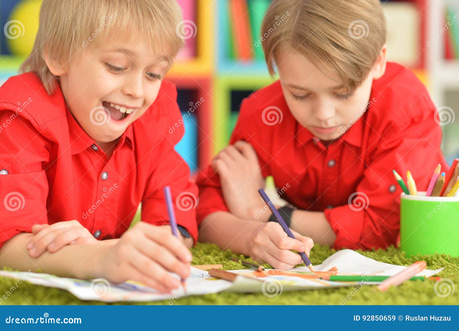 Two Brothers Draws with Pencils Stock Image - Image of cute, cheerful ...