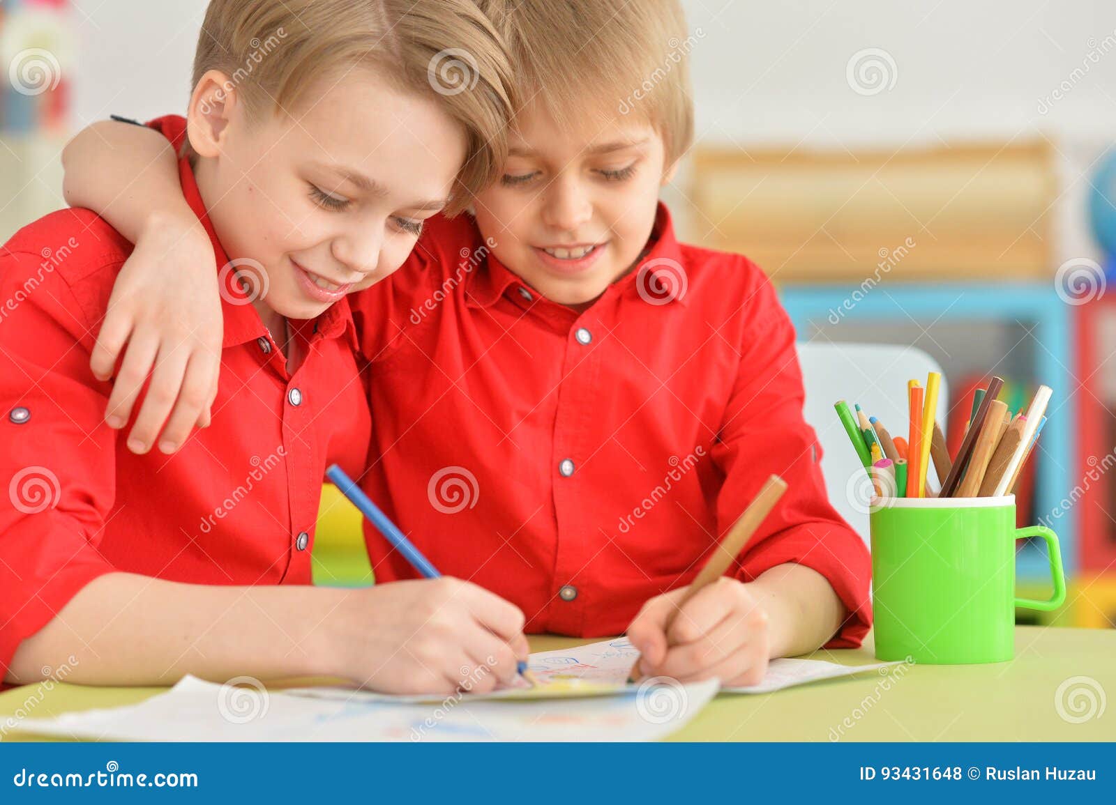 Two Brothers Draws with Pencils Stock Photo - Image of portrait, paper ...