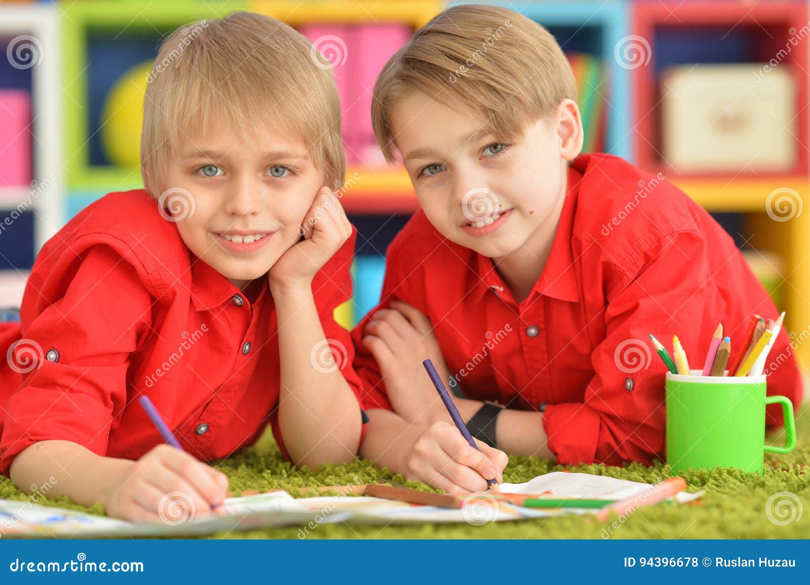Two Brothers Draws with Pencils Stock Photo - Image of cute, portrait ...