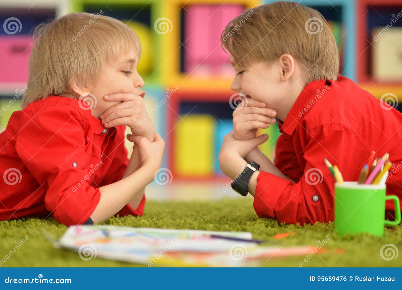 Two Brothers Draws with Pencils Stock Photo - Image of drawing, people ...