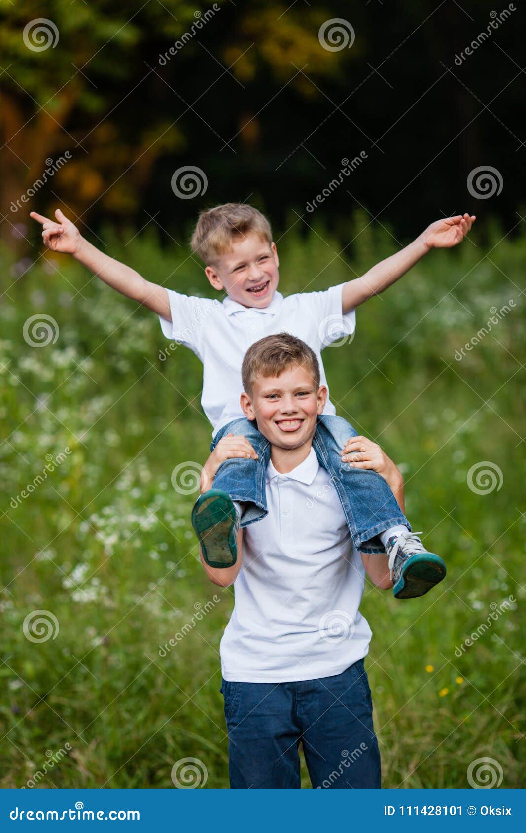 Two brothers having fun stock image. Image of forest - 111428101