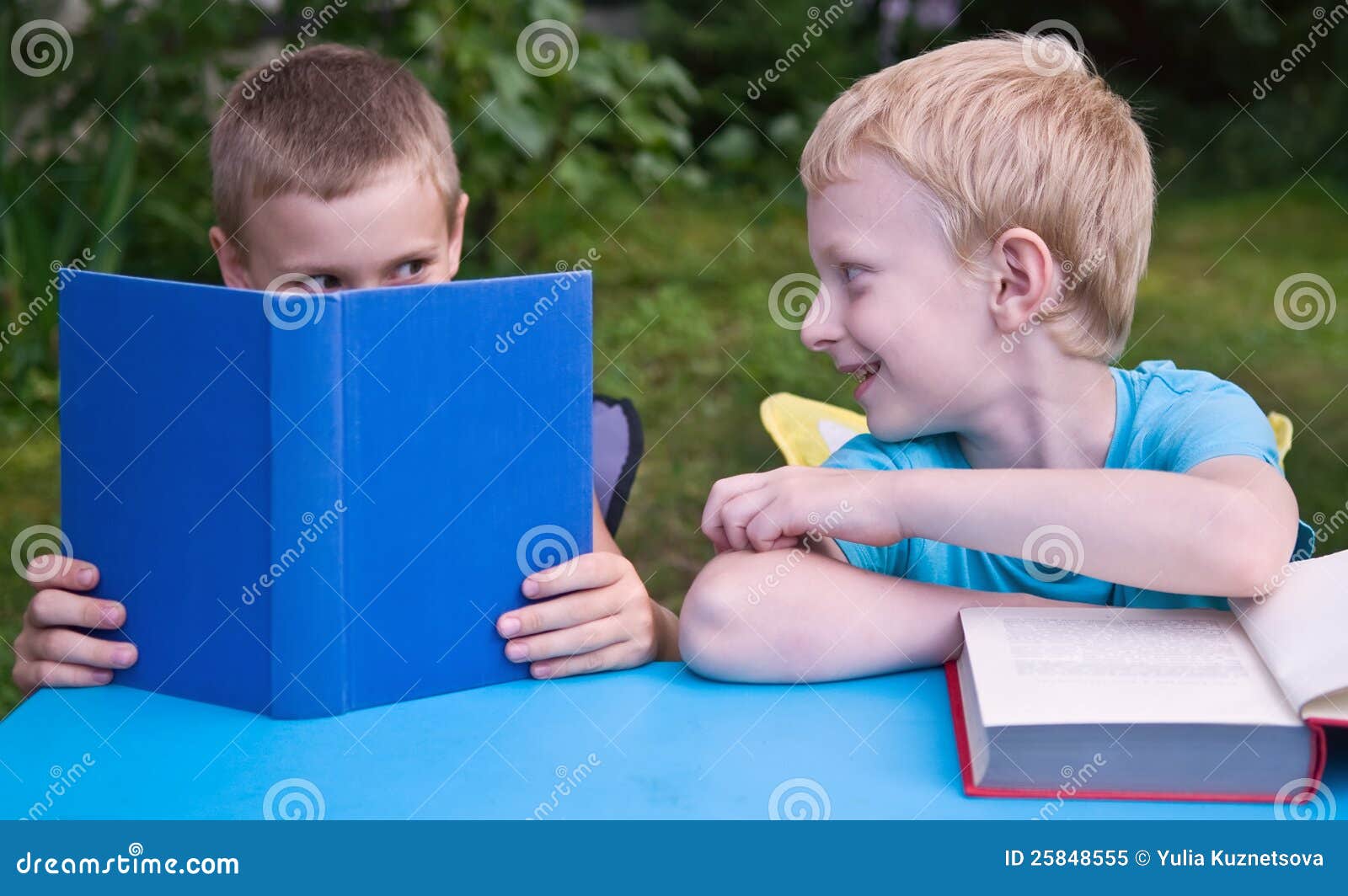 Two Brothers Reading Books and Discussing Stock Image - Image of ...