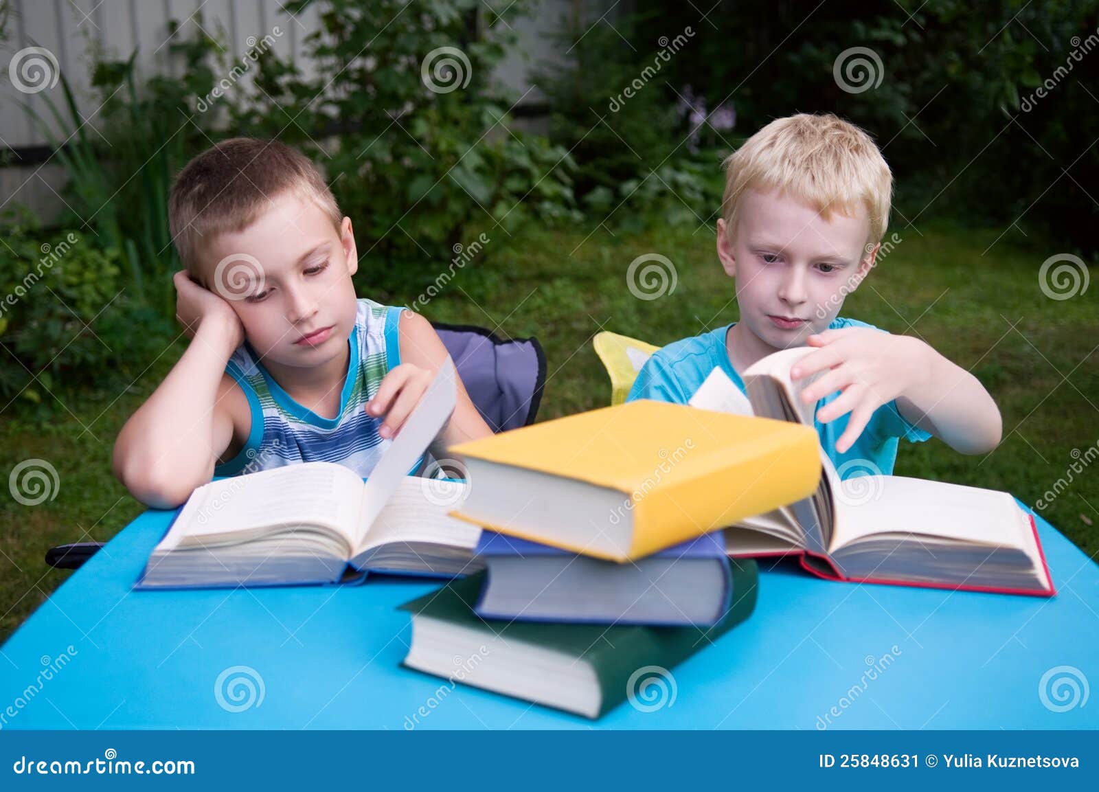 Two Brothers Reading Books Outdoors Stock Image - Image of classmate ...