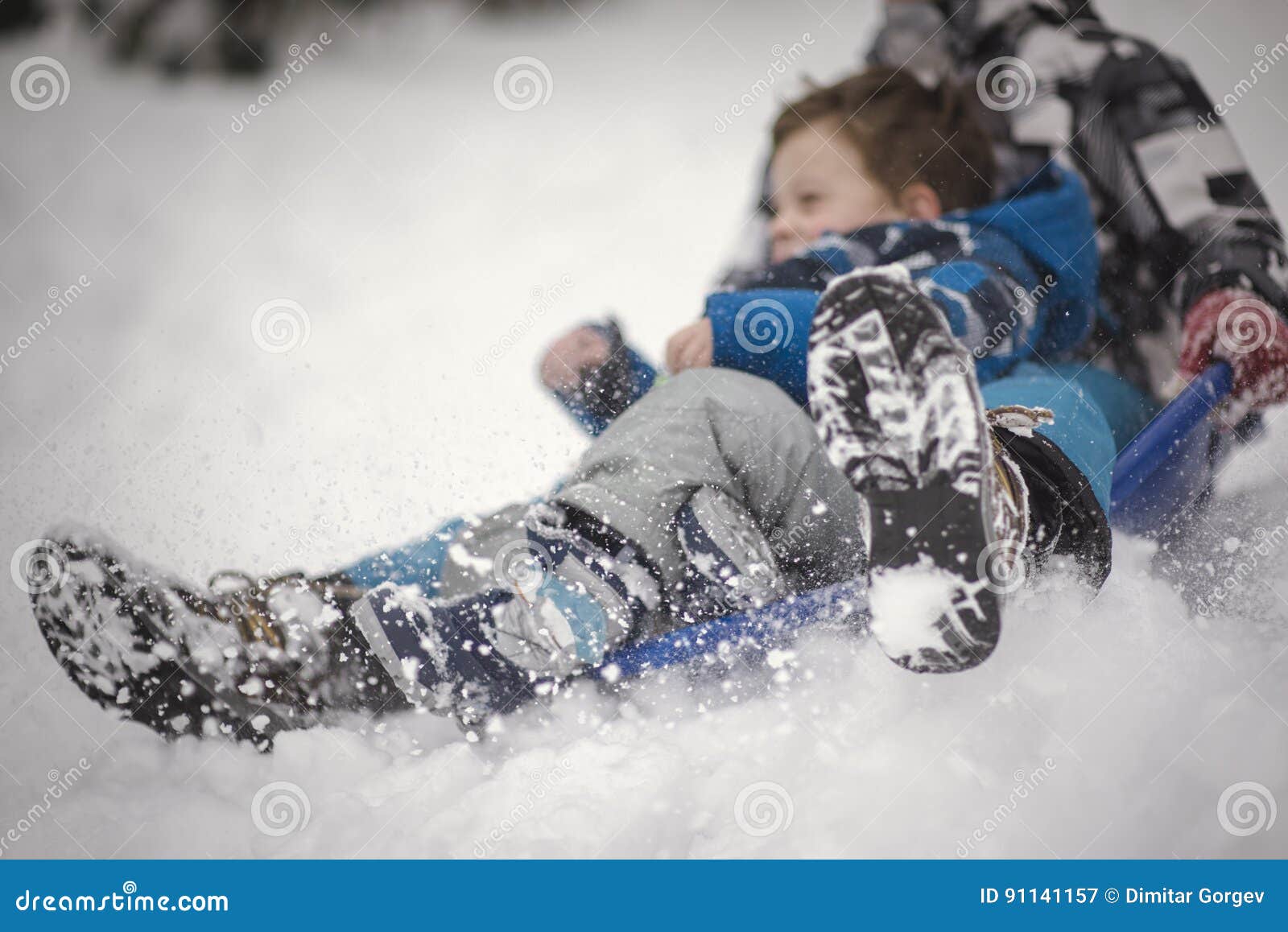 Two Brothers on a Sledge Close Up Stock Image - Image of sledge, play ...