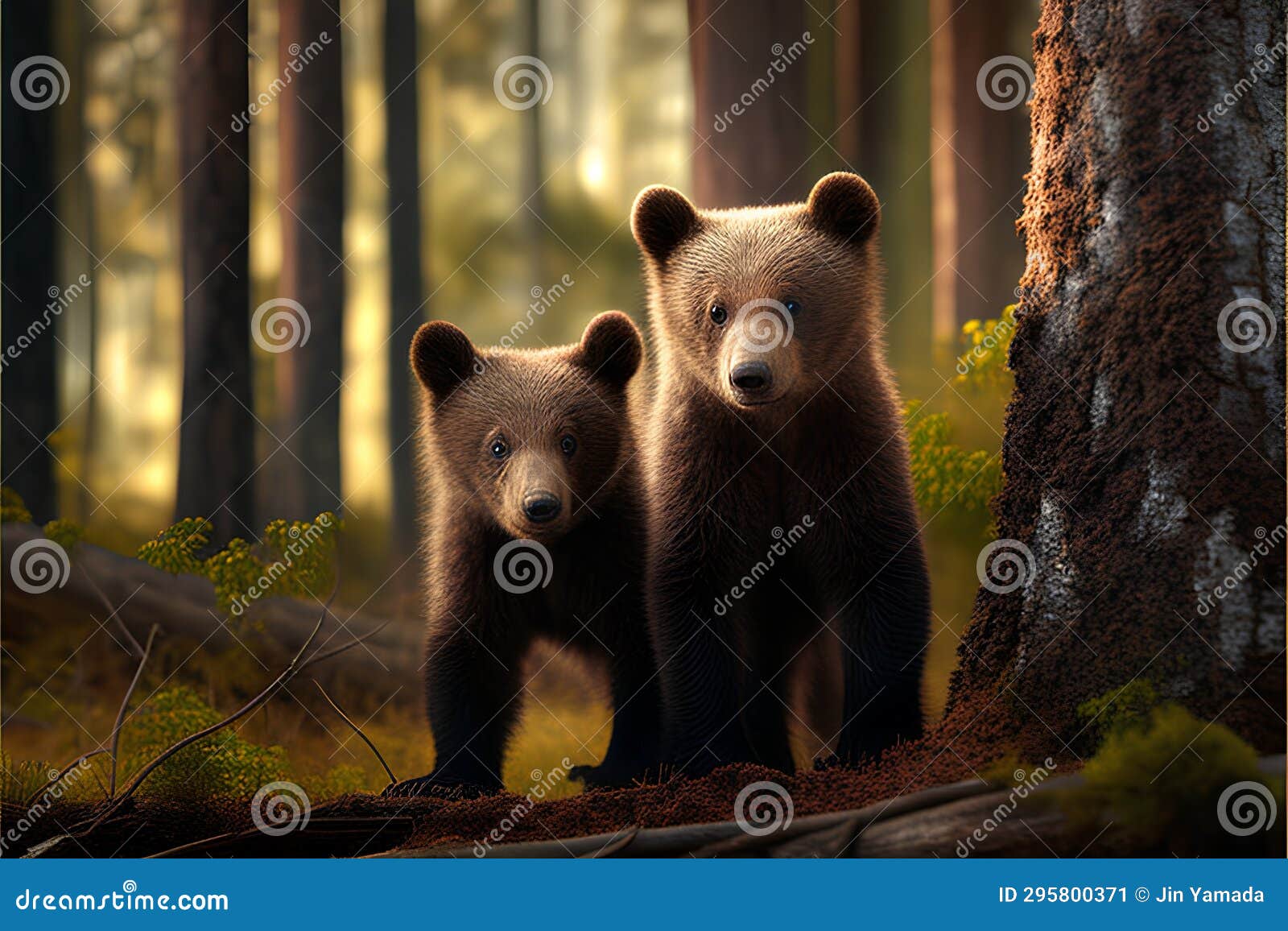 Two Brown Bear Cubs in the Forest. 3D Render Stock Illustration ...